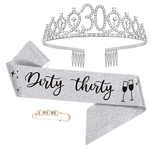 30th Birthday Sash and Tiara for Women, 30 "Dirty Thirty" Birthday Sash and Crown, Happy 30th Birthday Gifts for Women Queen Party Favors Supplies and Decorations, Silver