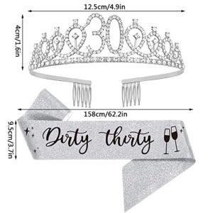 30th Birthday Sash and Tiara for Women, 30 "Dirty Thirty" Birthday Sash and Crown, Happy 30th Birthday Gifts for Women Queen Party Favors Supplies and Decorations, Silver