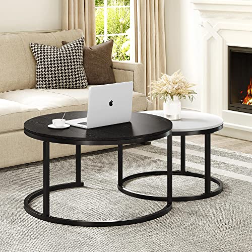 YITAHOME Nesting Coffee Table Set of 2, Modern Round Stacking Circle Coffee Tables with Storage, Wooden Top Metal Frame End Side Cocktail Tea Center Table for Living Room Home Office, Black and White