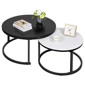 YITAHOME Nesting Coffee Table Set of 2, Modern Round Stacking Circle Coffee Tables with Storage, Wooden Top Metal Frame End Side Cocktail Tea Center Table for Living Room Home Office, Black and White