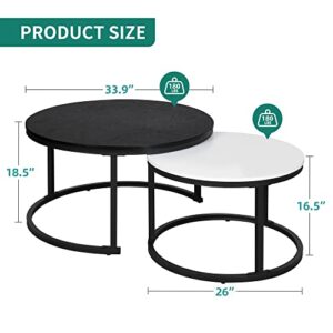 YITAHOME Nesting Coffee Table Set of 2, Modern Round Stacking Circle Coffee Tables with Storage, Wooden Top Metal Frame End Side Cocktail Tea Center Table for Living Room Home Office, Black and White