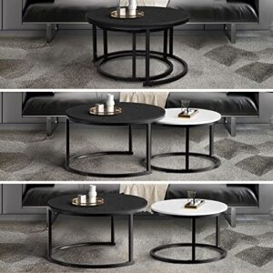 YITAHOME Nesting Coffee Table Set of 2, Modern Round Stacking Circle Coffee Tables with Storage, Wooden Top Metal Frame End Side Cocktail Tea Center Table for Living Room Home Office, Black and White