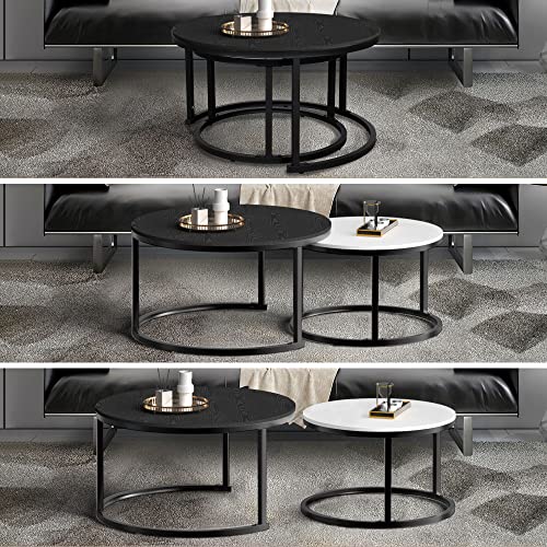 YITAHOME Nesting Coffee Table Set of 2, Modern Round Stacking Circle Coffee Tables with Storage, Wooden Top Metal Frame End Side Cocktail Tea Center Table for Living Room Home Office, Black and White