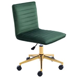 furniliving velvet home office chair, armless vanity desk task chair with wheels 360° swivel computer rolling desk chair with back, adjustable accent chair with gold metal base stool chair (darkgreen)