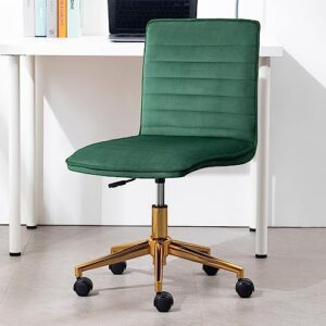 Furniliving Velvet Home Office Chair, Armless Vanity Desk Task Chair with Wheels 360° Swivel Computer Rolling Desk Chair with Back, Adjustable Accent Chair with Gold Metal Base Stool Chair (DarkGreen)