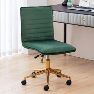 Furniliving Velvet Home Office Chair, Armless Vanity Desk Task Chair with Wheels 360° Swivel Computer Rolling Desk Chair with Back, Adjustable Accent Chair with Gold Metal Base Stool Chair (DarkGreen)