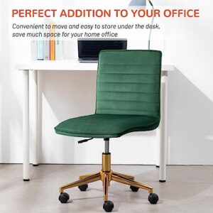 Furniliving Velvet Home Office Chair, Armless Vanity Desk Task Chair with Wheels 360° Swivel Computer Rolling Desk Chair with Back, Adjustable Accent Chair with Gold Metal Base Stool Chair (DarkGreen)