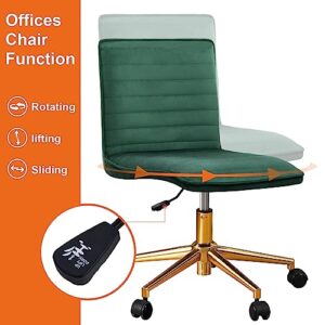 Furniliving Velvet Home Office Chair, Armless Vanity Desk Task Chair with Wheels 360° Swivel Computer Rolling Desk Chair with Back, Adjustable Accent Chair with Gold Metal Base Stool Chair (DarkGreen)