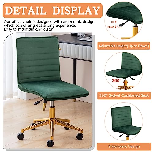 Furniliving Velvet Home Office Chair, Armless Vanity Desk Task Chair with Wheels 360° Swivel Computer Rolling Desk Chair with Back, Adjustable Accent Chair with Gold Metal Base Stool Chair (DarkGreen)