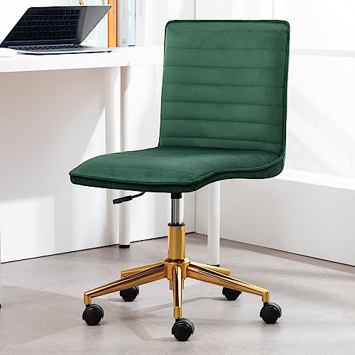 Furniliving Velvet Home Office Chair, Armless Vanity Desk Task Chair with Wheels 360° Swivel Computer Rolling Desk Chair with Back, Adjustable Accent Chair with Gold Metal Base Stool Chair (DarkGreen)