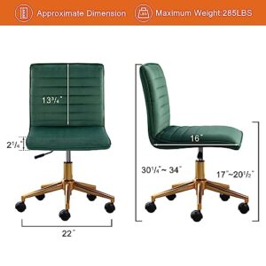 Furniliving Velvet Home Office Chair, Armless Vanity Desk Task Chair with Wheels 360° Swivel Computer Rolling Desk Chair with Back, Adjustable Accent Chair with Gold Metal Base Stool Chair (DarkGreen)