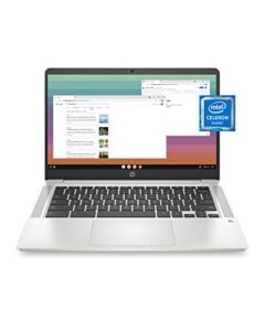 hp chromebook 14 laptop, intel celeron n4120, 4 gb ram, 64 gb emmc, 14" hd display, chrome os, thin & portable, 4k graphics, long battery life, ash gray keyboard (14a-na0210nr, 2022, mineral silver)