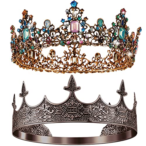 2 Pcs Antique Royal King Crown for Men Baroque Queen Crown for Women Crystal Tiara Crowns Prom Accessories Halloween Costume (Noble Style)