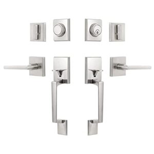 neutype front door handle set satin nickel double door handle set with dummy heavy duty double door lock set, with single cylinder deadbolt and lever handle, compatible with right & left handed doors