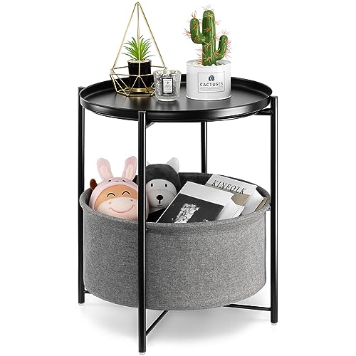 danpinera Round Side Table with Fabric Storage Basket, Metal Small Bedside Table Nightstand with Removable Tray Top for Living Room, Bedroom, Nursery, Laundry, Black