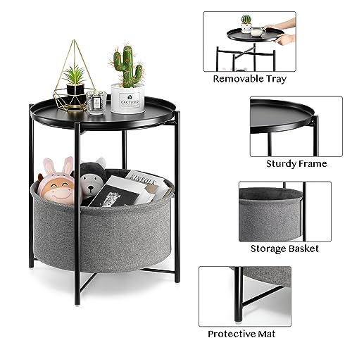 danpinera Round Side Table with Fabric Storage Basket, Metal Small Bedside Table Nightstand with Removable Tray Top for Living Room, Bedroom, Nursery, Laundry, Black