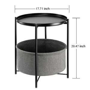 danpinera Round Side Table with Fabric Storage Basket, Metal Small Bedside Table Nightstand with Removable Tray Top for Living Room, Bedroom, Nursery, Laundry, Black