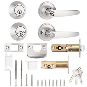 Probrico 2 Pack Door Handles Lever with Double Cylinder Deadbolts Combo, Keyed Alike Entry Door Knobs Handleset Lockset Leverset, Brushed Satin Nickel