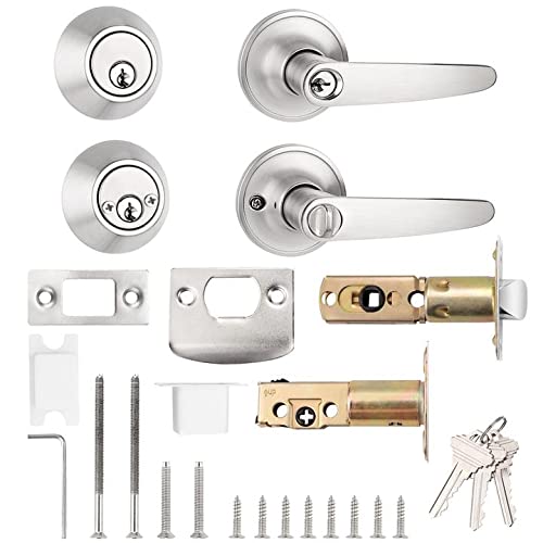 Probrico 2 Pack Door Handles Lever with Double Cylinder Deadbolts Combo, Keyed Alike Entry Door Knobs Handleset Lockset Leverset, Brushed Satin Nickel