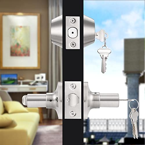 Probrico 2 Pack Door Handles Lever with Double Cylinder Deadbolts Combo, Keyed Alike Entry Door Knobs Handleset Lockset Leverset, Brushed Satin Nickel