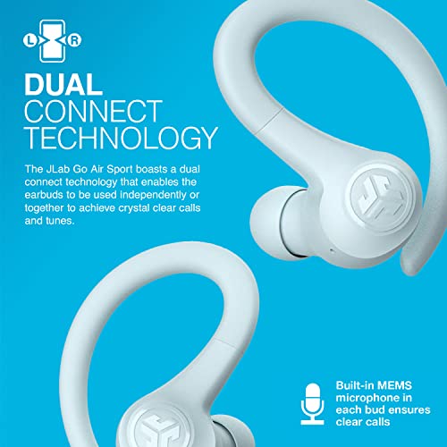 JLab Go Air Sport, Wireless Workout Earbuds Featuring C3 Clear Calling, Secure Earhook Sport Design, 32+ Hour Bluetooth Playtime, and 3 EQ Sound Settings (Light Blue)