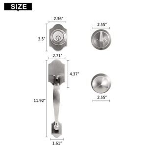 KIAYACI Front Door Lock Set Silver Door Handle Exterior Door Lock Set with Deadbolt Single Cylinder HandleSet Curved Handle Lower Half Grip Round Knob Satin Nickel Front Door Knob