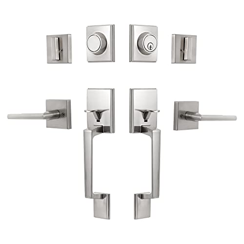 KIAYACI Door Lock Set Double Door Handle Sets with Deadbolt Silver Entry Door Locksets Single Cylinder HandleSet with Straight Handle Lower Half Grip Satin Nickel Double Door Handleset with Dummy