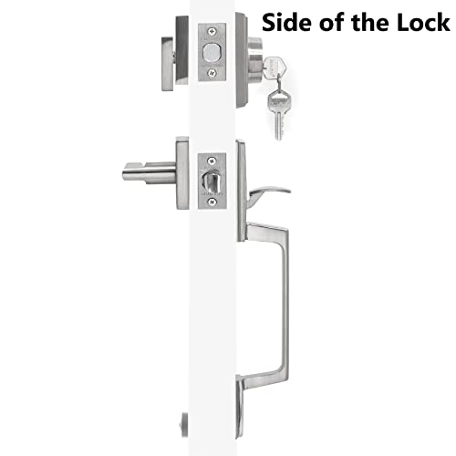 KIAYACI Door Lock Set Double Door Handle Sets with Deadbolt Silver Entry Door Locksets Single Cylinder HandleSet with Straight Handle Lower Half Grip Satin Nickel Double Door Handleset with Dummy