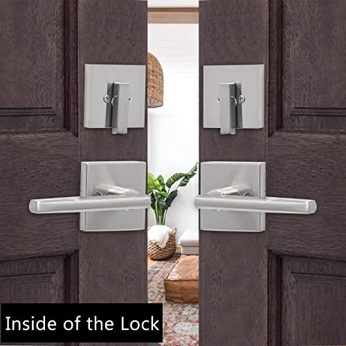 KIAYACI Door Lock Set Double Door Handle Sets with Deadbolt Silver Entry Door Locksets Single Cylinder HandleSet with Straight Handle Lower Half Grip Satin Nickel Double Door Handleset with Dummy