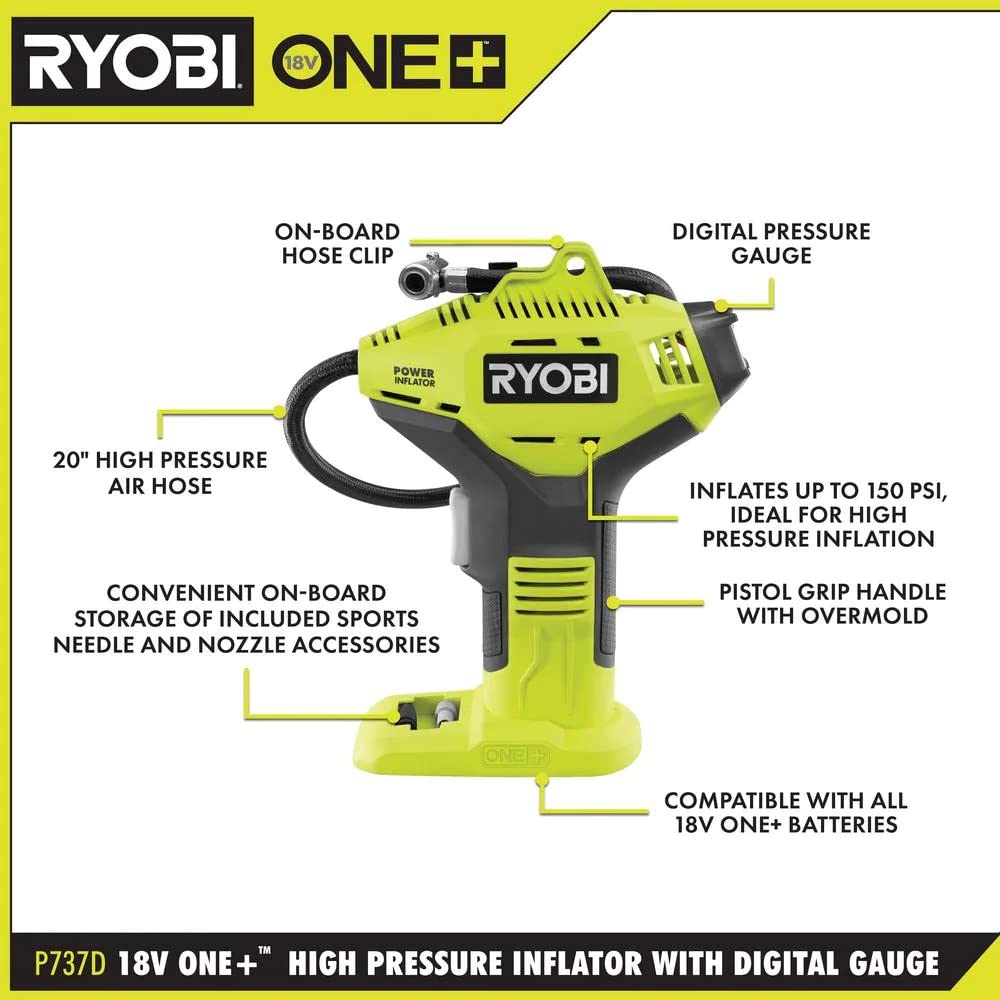 Techtronics RYOBI P737D ONE+ 18V Lithium-Ion Cordless High Pressure Inflator with Digital Gauge & New PBP005 ONE+ 18V Lithium-Ion 4.0 Ah Battery (Bulk Packaged)