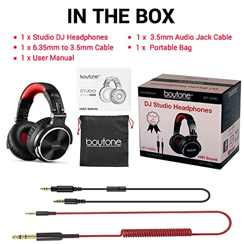 Boytone BT-10RD Wired Over Ear Headphones Hi-Res Studio Monitor & Mixing DJ Stereo Headsets with 50mm Drivers and 1/4 to 3.5mm Audio Jack, Foldable for Computer Recording Phone Guitar Laptop – Red