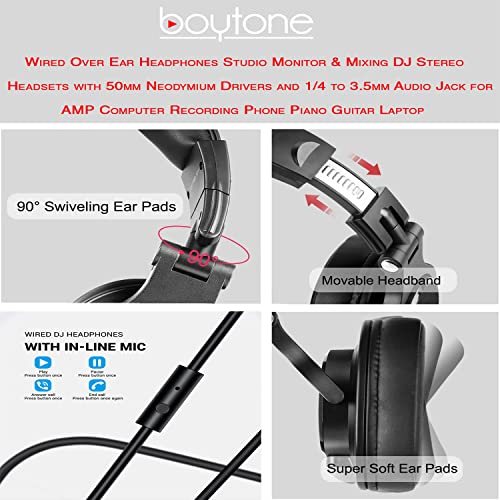 Boytone BT-10RD Wired Over Ear Headphones Hi-Res Studio Monitor & Mixing DJ Stereo Headsets with 50mm Drivers and 1/4 to 3.5mm Audio Jack, Foldable for Computer Recording Phone Guitar Laptop – Red