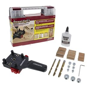 milescraft 1333 dowel jig kit - new, improved, self-centering handheld dowel jig with 3 metal bushing sizes (1/4in, 5/16in, 3/8in) - complete doweling jig kit with all accessories