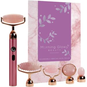 vibrating face roller and massager - 5 in 1 rechargeable rose quartz face roller for soft and smooth skin, relaxing beauty skin care kit, soothes puffy eyes