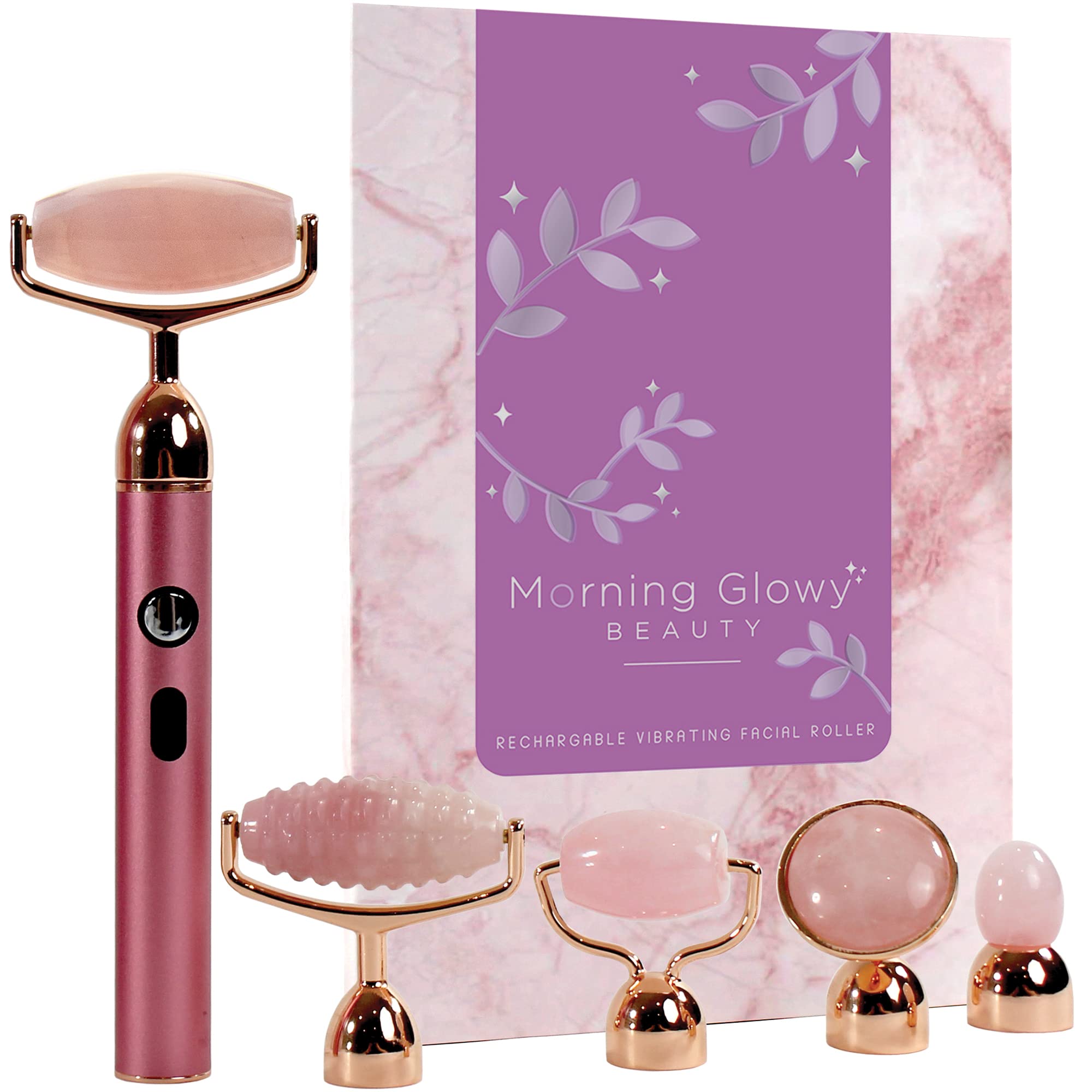 Vibrating Face Roller and Massager - 5 in 1 Rechargeable Rose Quartz Face Roller for Soft and Smooth Skin, Relaxing Beauty Skin Care Kit, Soothes Puffy Eyes