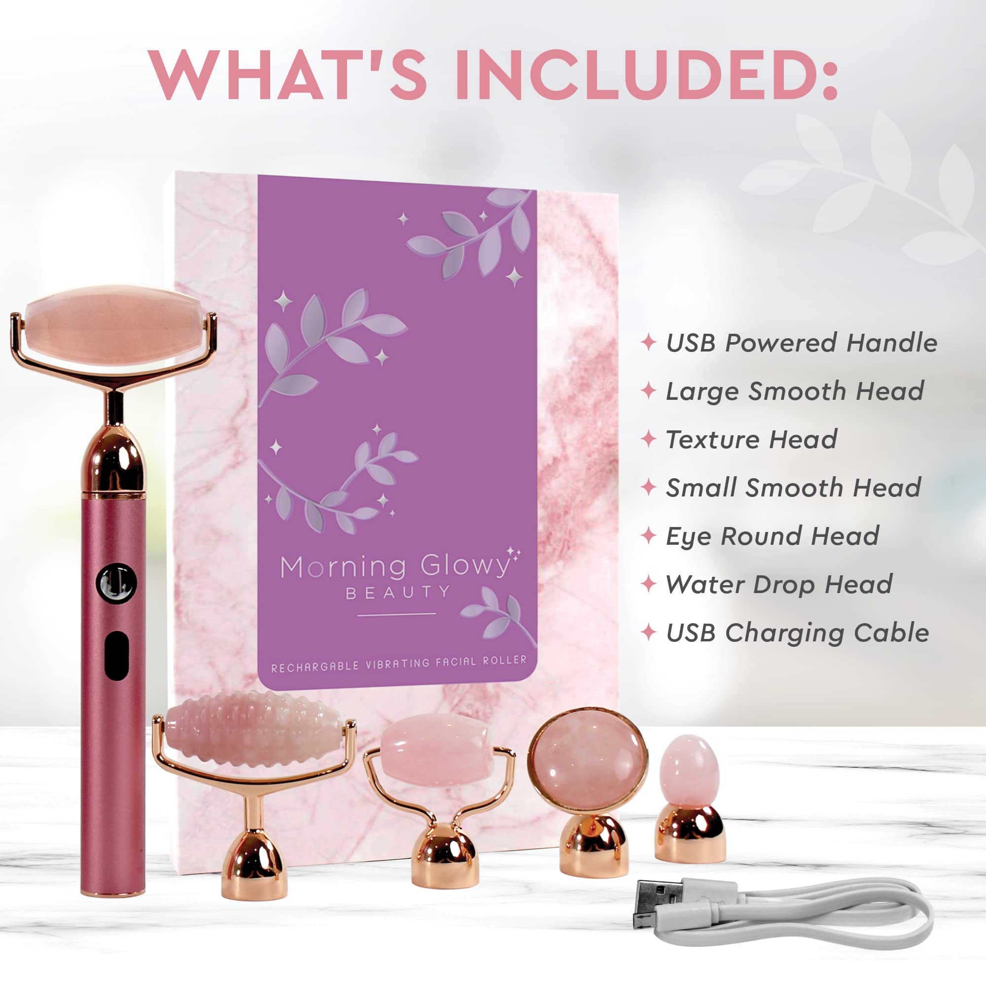 Vibrating Face Roller and Massager - 5 in 1 Rechargeable Rose Quartz Face Roller for Soft and Smooth Skin, Relaxing Beauty Skin Care Kit, Soothes Puffy Eyes