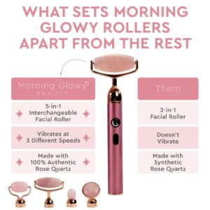 Vibrating Face Roller and Massager - 5 in 1 Rechargeable Rose Quartz Face Roller for Soft and Smooth Skin, Relaxing Beauty Skin Care Kit, Soothes Puffy Eyes