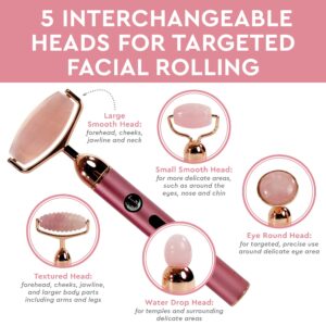 Vibrating Face Roller and Massager - 5 in 1 Rechargeable Rose Quartz Face Roller for Soft and Smooth Skin, Relaxing Beauty Skin Care Kit, Soothes Puffy Eyes