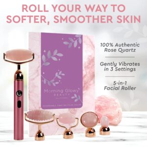 Vibrating Face Roller and Massager - 5 in 1 Rechargeable Rose Quartz Face Roller for Soft and Smooth Skin, Relaxing Beauty Skin Care Kit, Soothes Puffy Eyes