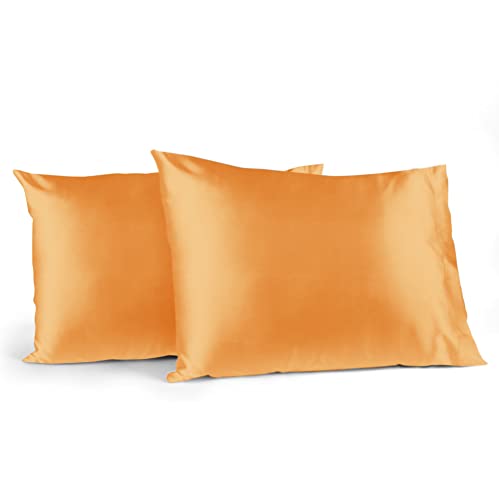 Al Ahmedani Linen Orange Satin Pillowcase for Hair and Skin, Orange Silk Pillow Case Queen Set of 2 with Envelope Closure 20x30 inches