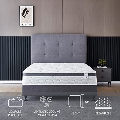 King Size Mattress - 10 Inch Cool Memory Foam & Spring Hybrid Mattress with Breathable Cover - Comfort Plush Euro Pillow Top - Rolled in a Box - Oliver & Smith