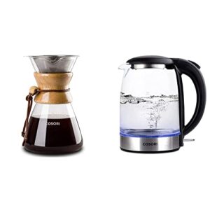 cosori pour over coffee maker with double-layer stainless steel filter,34 ounce & electric kettle with upgraded stainless steel filter and inner lid, wide opening glass tea kettle,1.7l, black