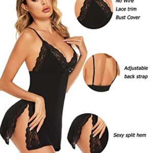 Avidlove Women's Sleepwear Modal Nightgown Full Slip Dress Lace Chemise Lingerie Babydoll Lingerie for Women Black XL