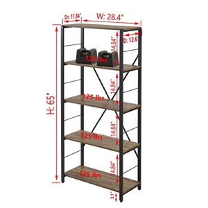 FOLUBAN 5 Tier Tall Bookshelf, Industrial Vintage Book Shelf, Rustic Wood and Metal Bookcase for Home Office Bedroom, Oak