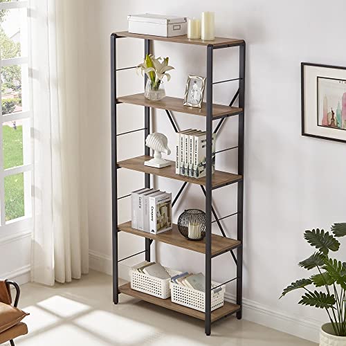 FOLUBAN 5 Tier Tall Bookshelf, Industrial Vintage Book Shelf, Rustic Wood and Metal Bookcase for Home Office Bedroom, Oak