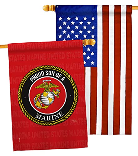 Breeze Decor Proud Son House Flag Pack Armed Forces Marine Corps USMC Semper Fi United State American Military Veteran Retire Official Applique Banner Small Garden Yard Gift Double-Sided, Made in USA