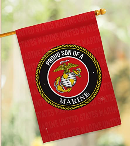 Breeze Decor Proud Son House Flag Pack Armed Forces Marine Corps USMC Semper Fi United State American Military Veteran Retire Official Applique Banner Small Garden Yard Gift Double-Sided, Made in USA