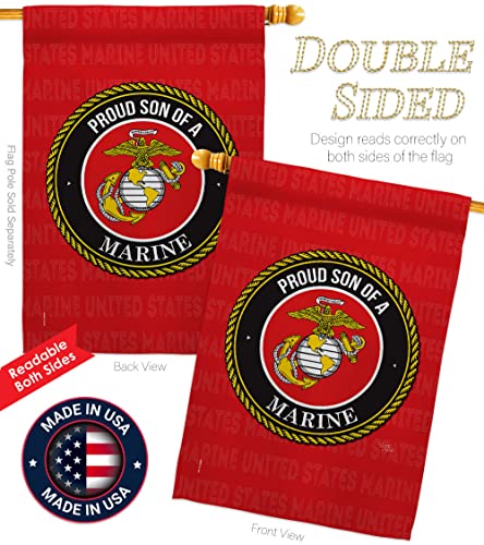 Breeze Decor Proud Son House Flag Pack Armed Forces Marine Corps USMC Semper Fi United State American Military Veteran Retire Official Applique Banner Small Garden Yard Gift Double-Sided, Made in USA