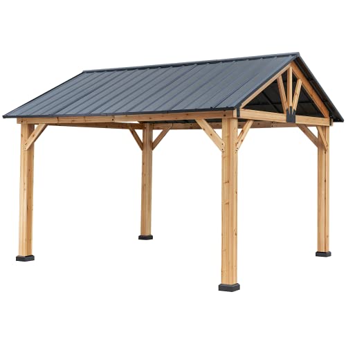 YOLENY 11' x 13' Wood Gazebo Outdoor Gazebo Spruce Wood Framed Gazebo with Black Steel Hardtop Roof for Garden, Patio, Lawns, Parties