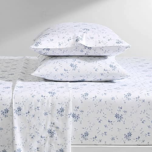 Laura Ashley Home - Queen Sheets, Soft Sateen Cotton Bedding Set - Sleek, Smooth, & Breathable Home Decor (Garden Muse Blue, 4 pieces, Queen)